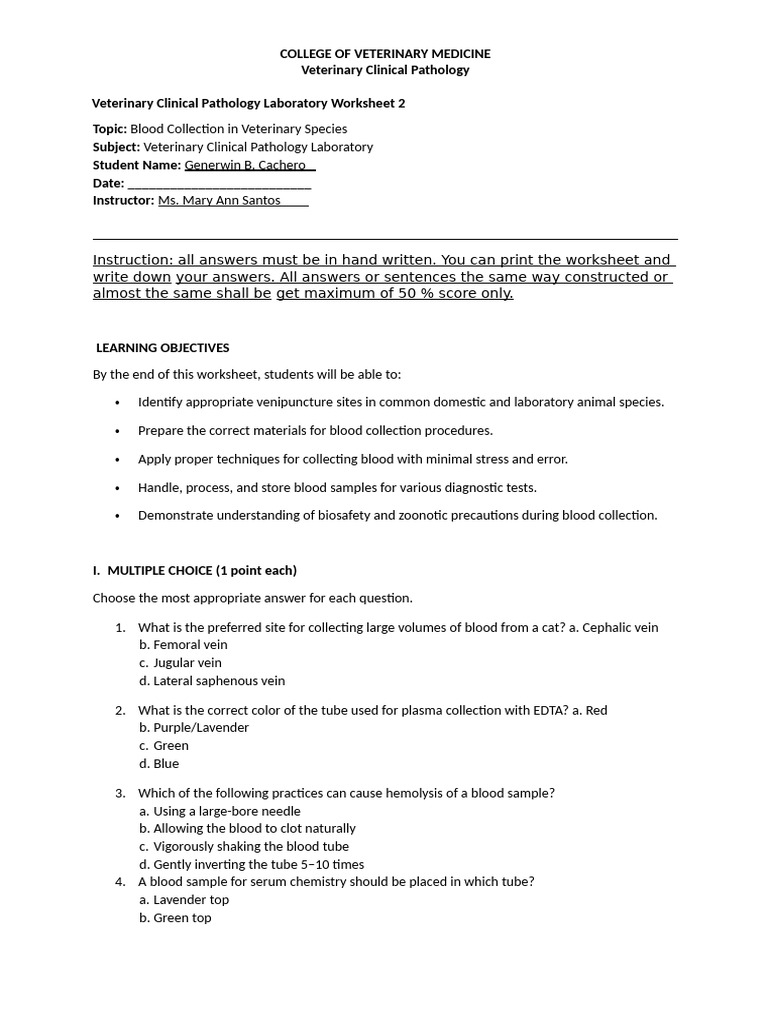 Veterinary Clinical Pathology Laboratory Worksheet 2 BLOOD COLLECTION ...
