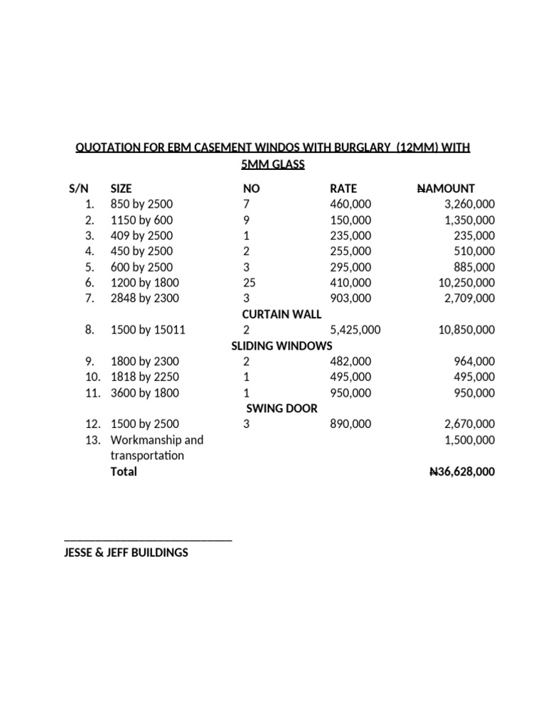 Quotation For Ebm Casement Windos With Burglary | PDF