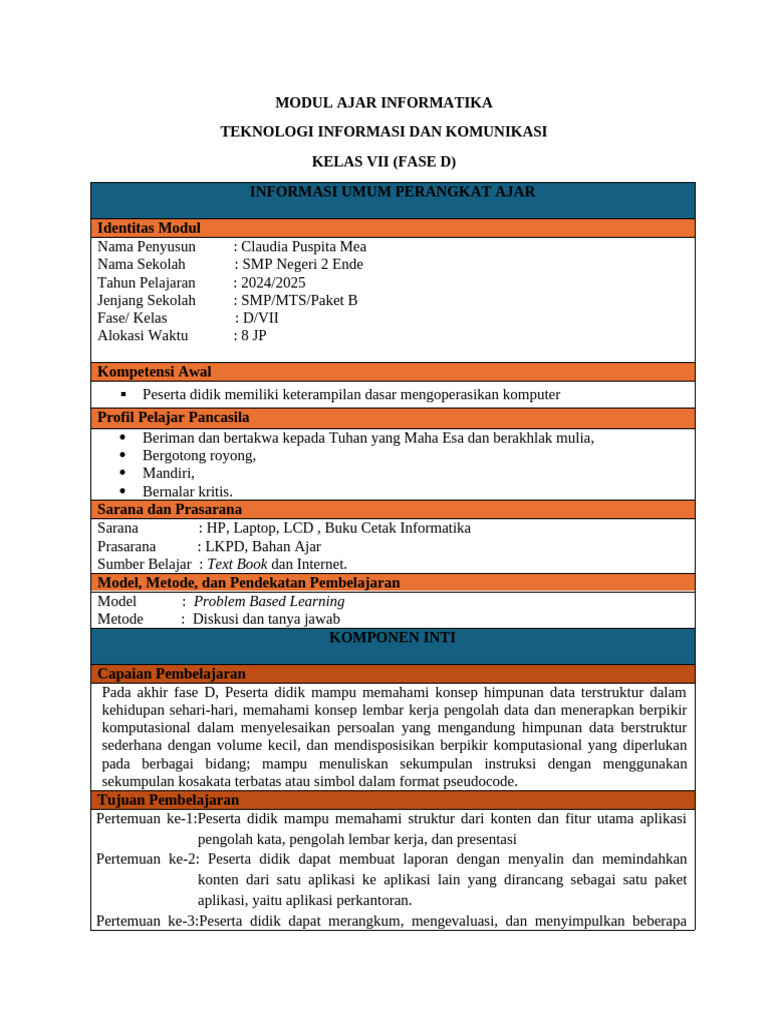 Modul Ajar TIK Kelas VII SMP | PDF