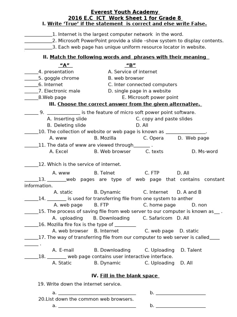 Grade 8 ICT Worksheet 1 | PDF | World Wide Web | Internet & Web