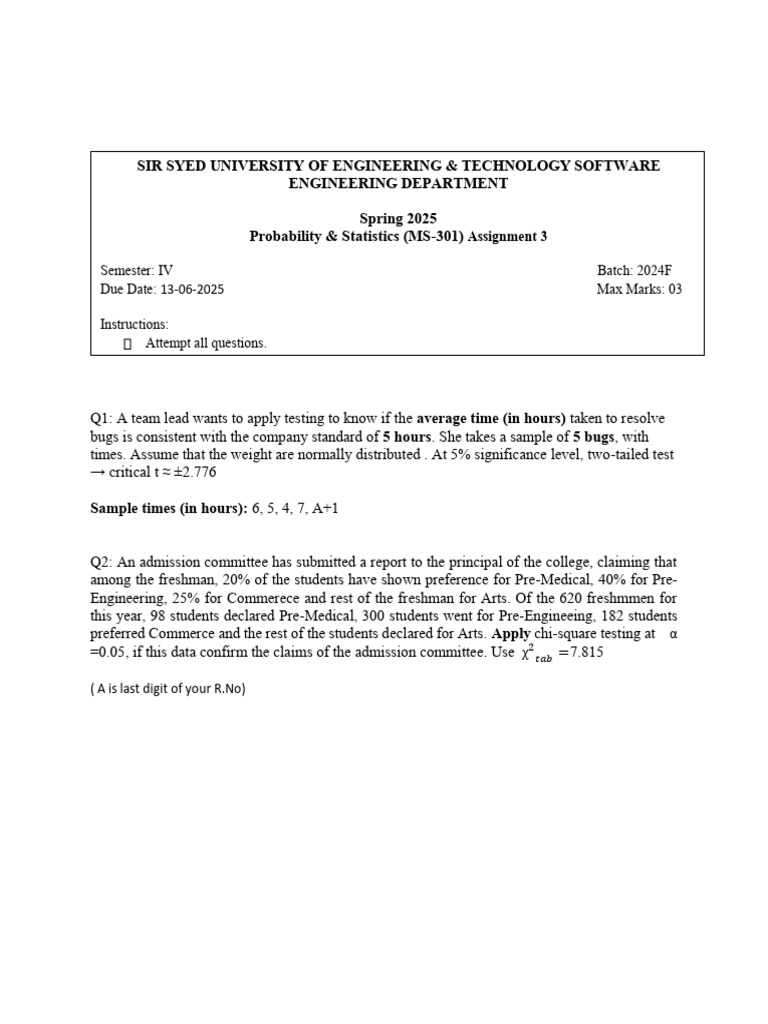 Assignment 3 Ssuet Probability and Statistics | PDF