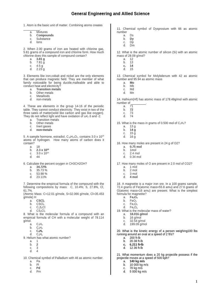Engineering Science Quiz Questions | PDF | Mole (Unit) | Collision
