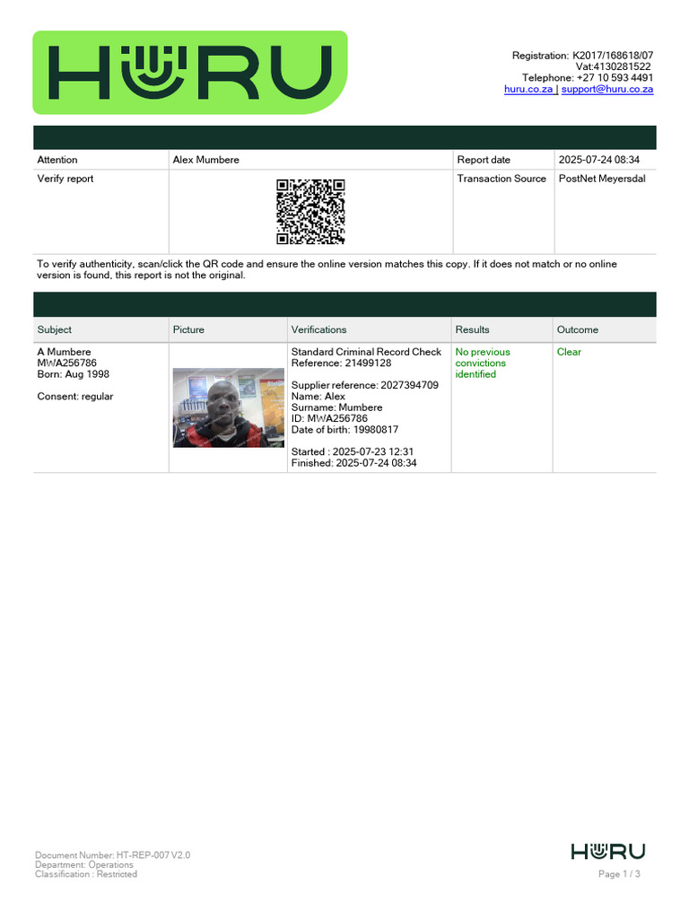 HURU Criminal Record Check Results | PDF | Criminal Record | Authentication