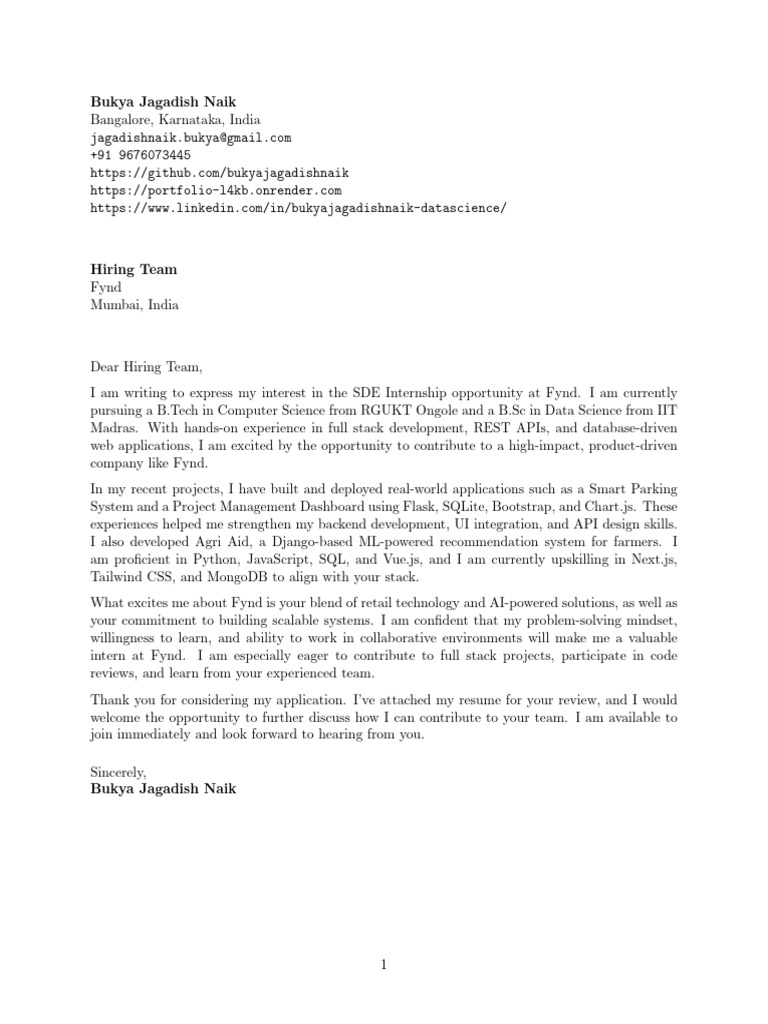 SDE Cover Letter | PDF