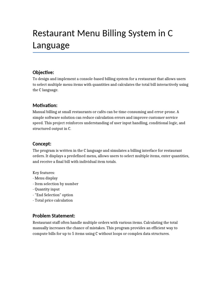 Restaurant Billing System in C | PDF | Programming | Computer Program