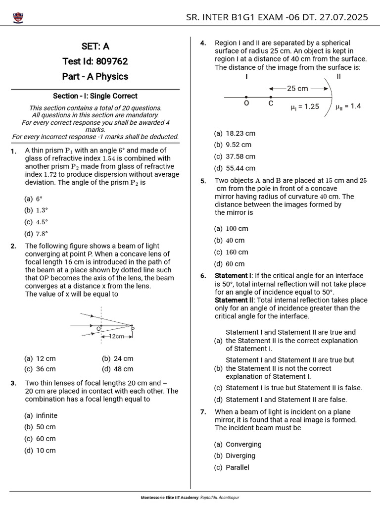 SR INTER B1G1 EXAM 06 DT 27 07 2025-A-TestPaper-1753585709 | PDF ...