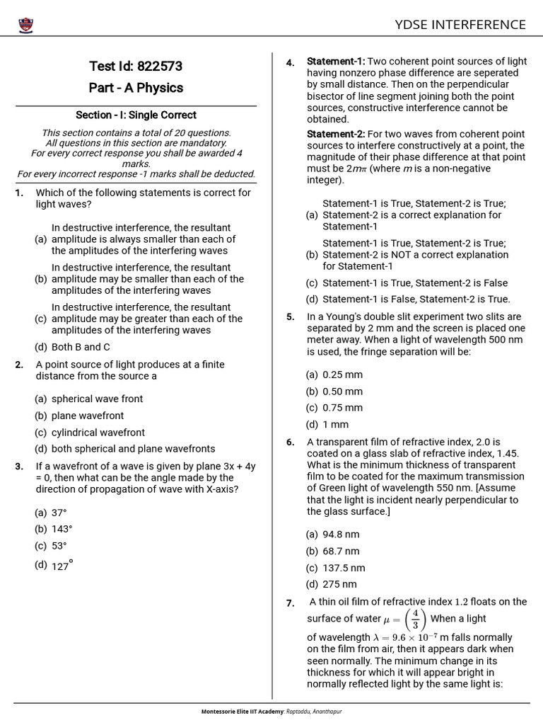 Ydse Interference Testpaper 1754119328 | PDF | Wavelength | Light
