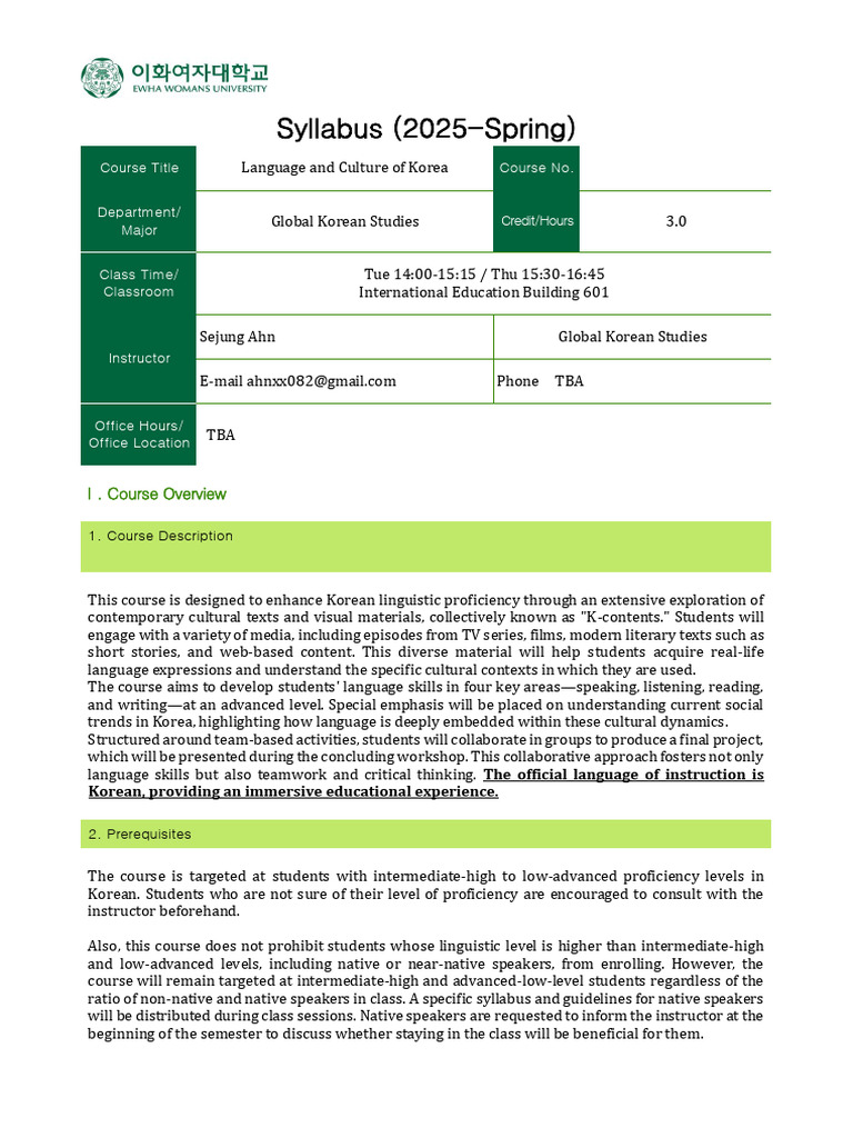 Korean Through K-Contents 2025spring Syllabus | PDF | Korean Language ...
