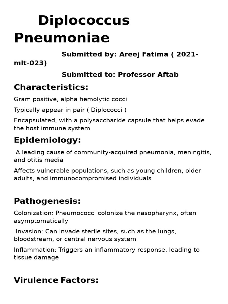 Assignment Diplococcus Pneumoniae (2021-Mlt-023)Areej Fatima | PDF