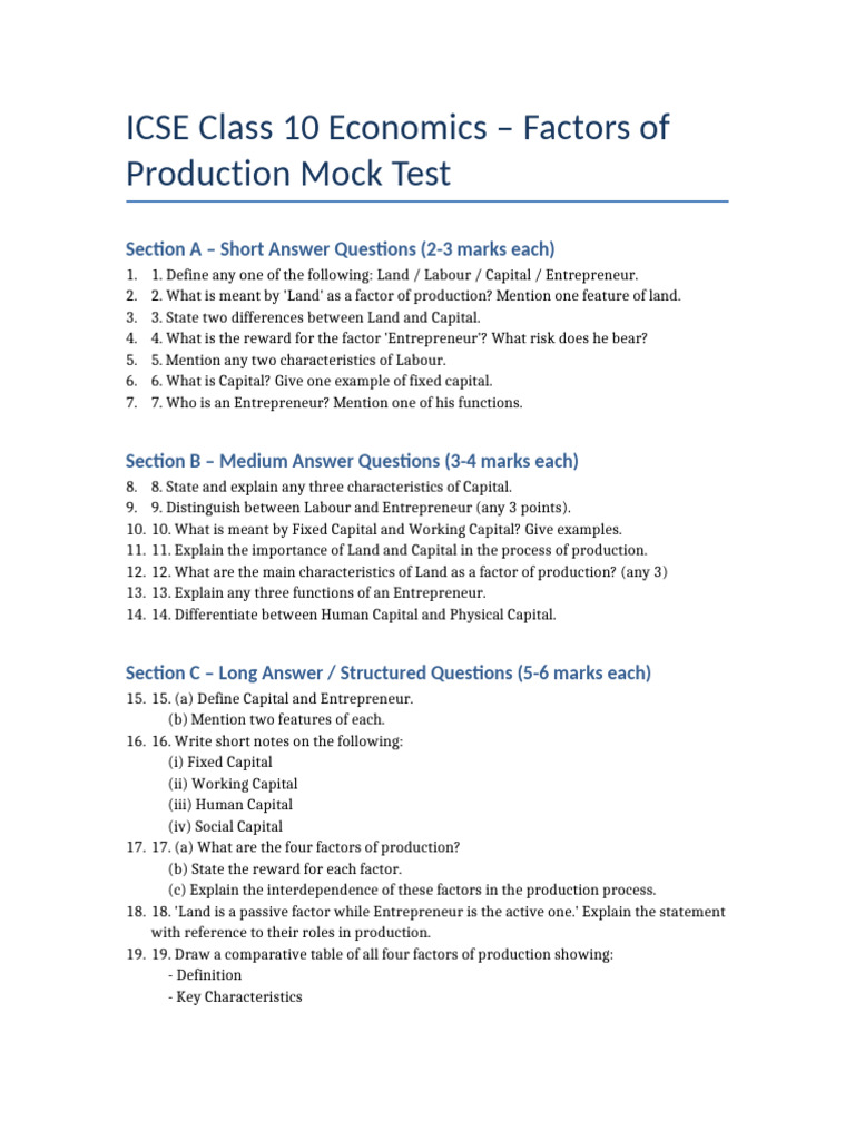ICSE Class 10 Economics Factors of Production Mock Test | PDF