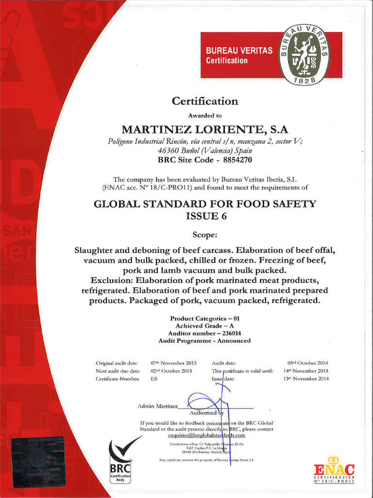 BRC Certificate - BU - 2014 | PDF