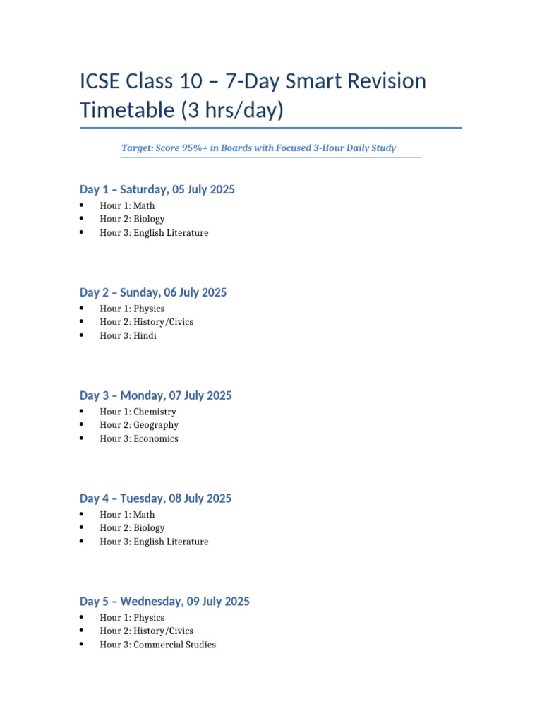 ICSE Class 10 7-Day Board Revision Timetable | PDF