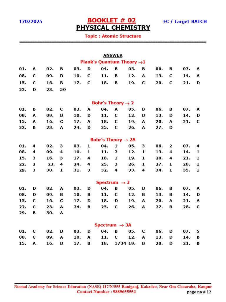Answer Booklet-2 Atomic Structure | PDF | Scientific Theories | Quantum Mechanics
