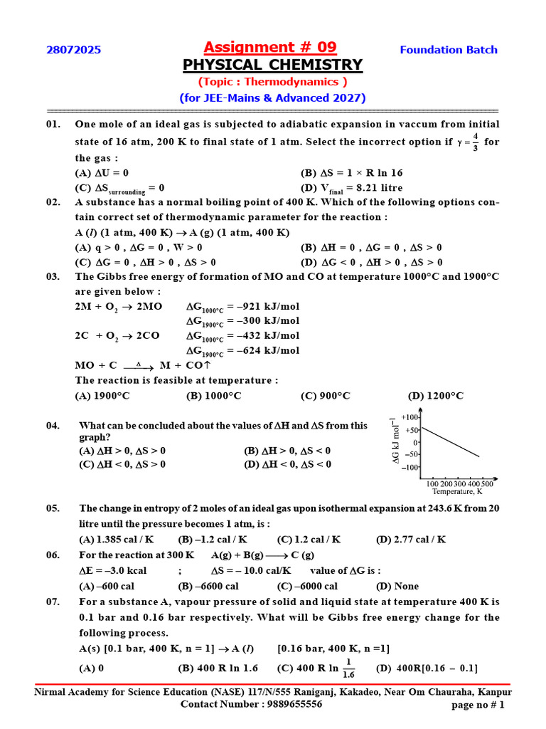 Assignment 09 Thermodynamics Entropy | PDF | Thermodynamics | Temperature