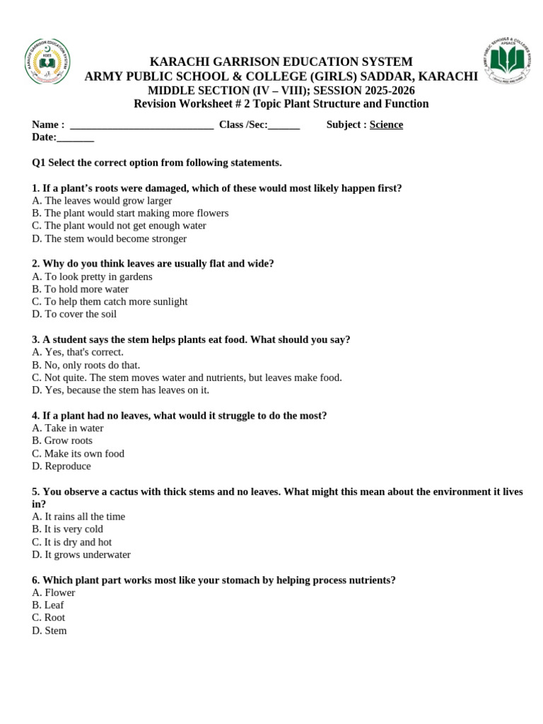 Worksheet Science Plant Structure 4 | PDF | Flowers | Pollination