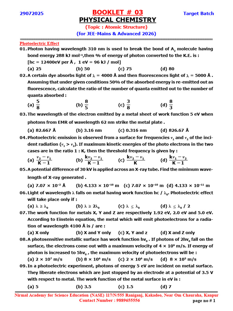 Booklet-3 Atomic Structure | PDF | Photoelectric Effect | Light