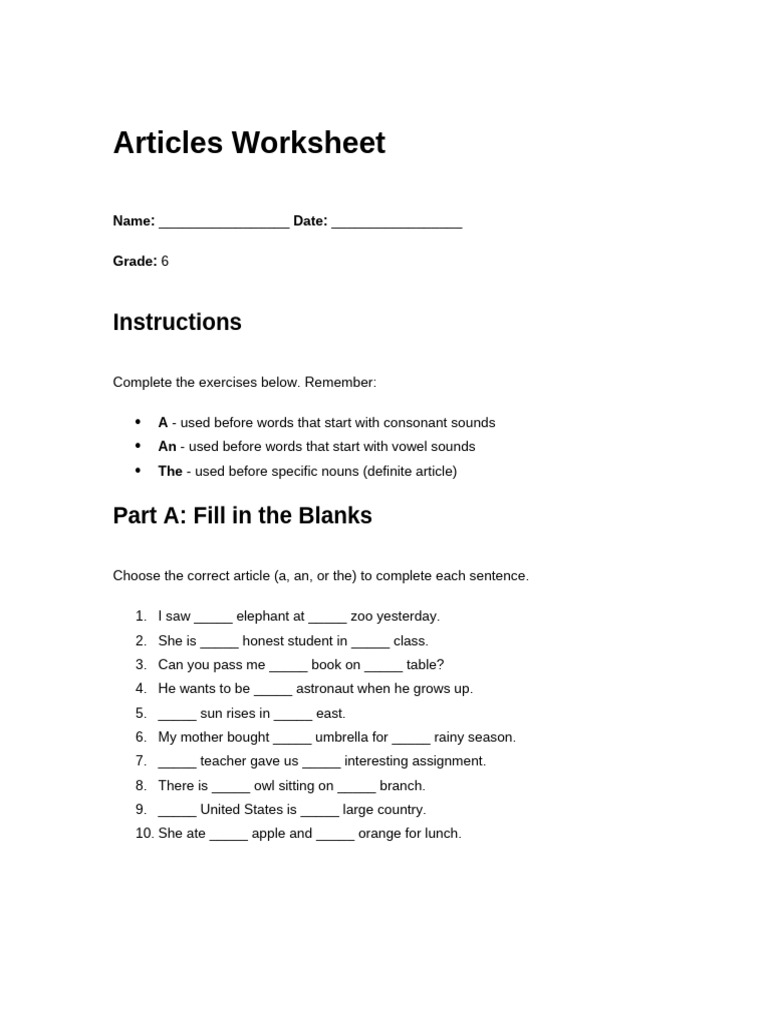 Grade 6 Articles Worksheet | PDF | Magician (Fantasy) | Linguistics