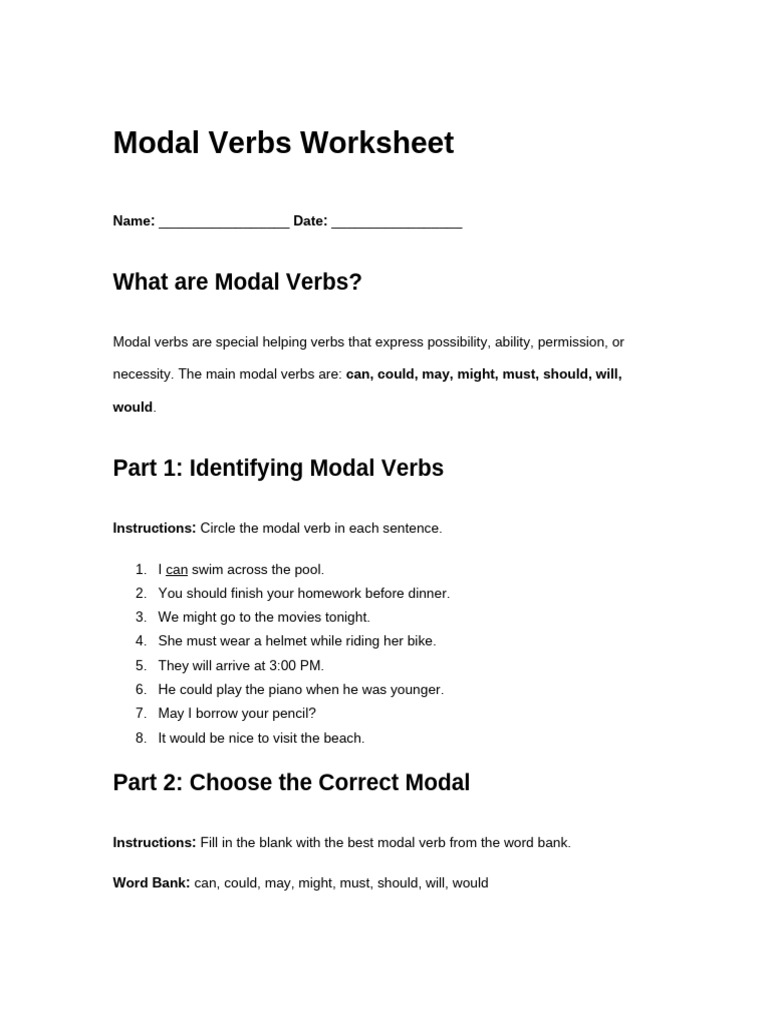 Modal Verbs Worksheet - 6th Grade | PDF | Verb | Linguistic Morphology