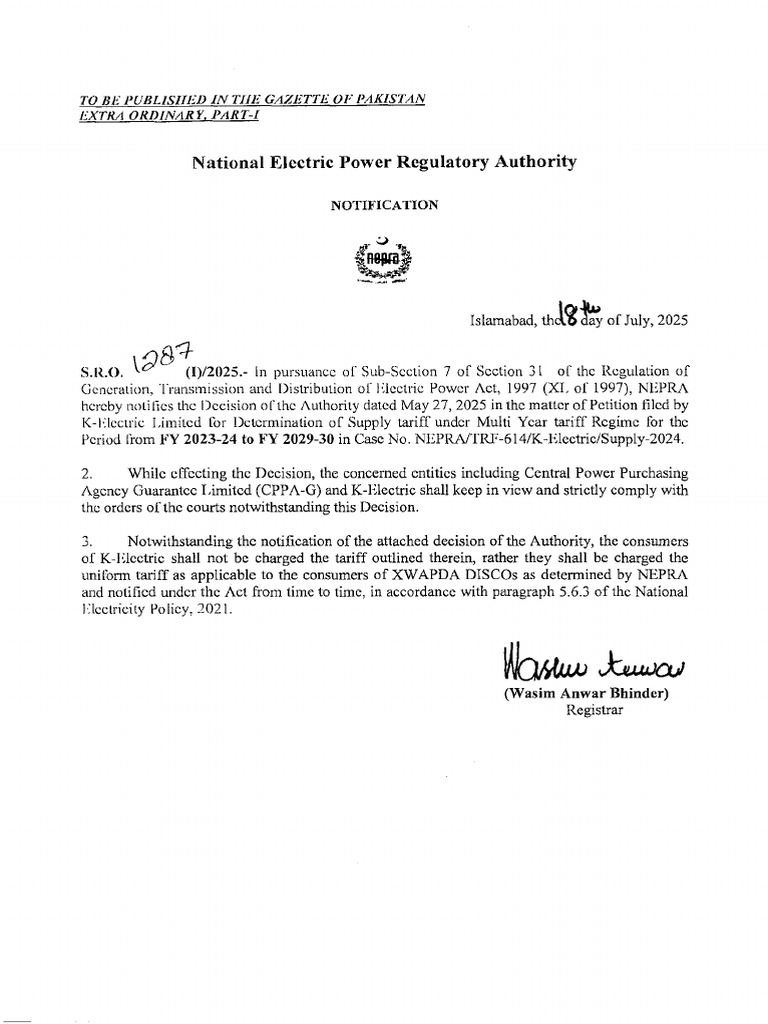 Sro 1287 (I) 2025 18-07-2025 | PDF | Taxes | Tariff