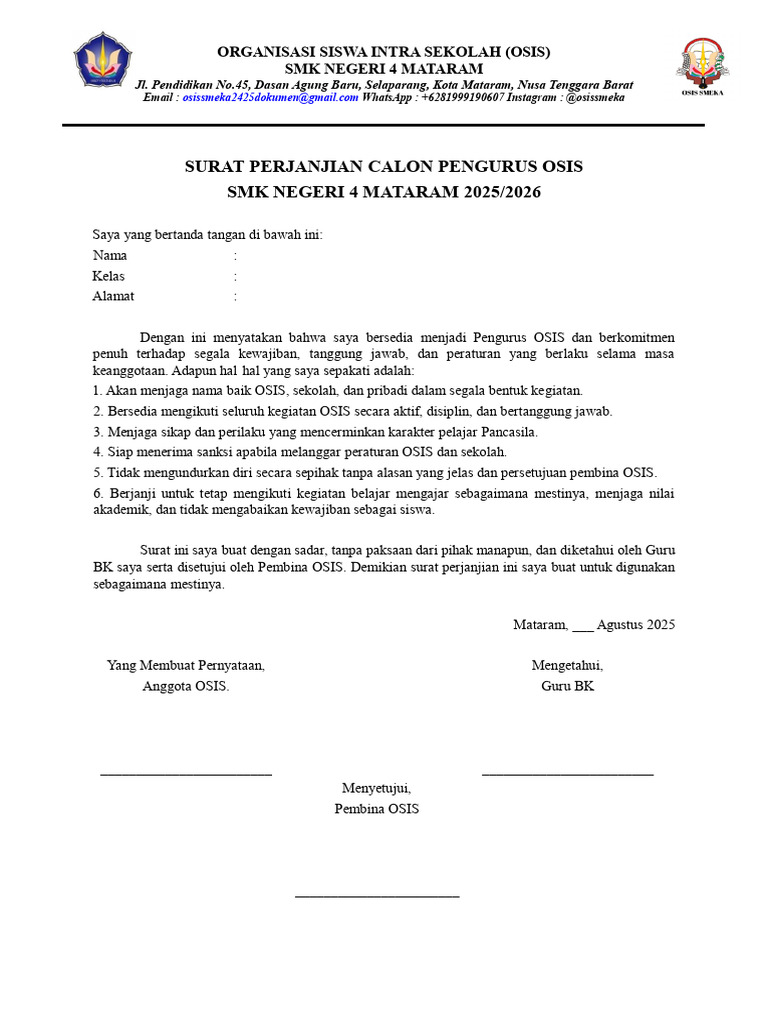 Surat Perjanjian Calon Pengurus OSIS | PDF