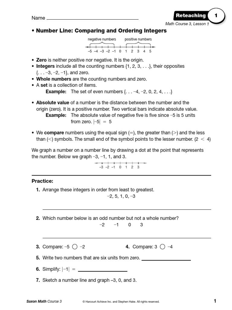 Course 3 Reteaching Ws Lesson 1 To 10 | PDF | Numbers | Integer