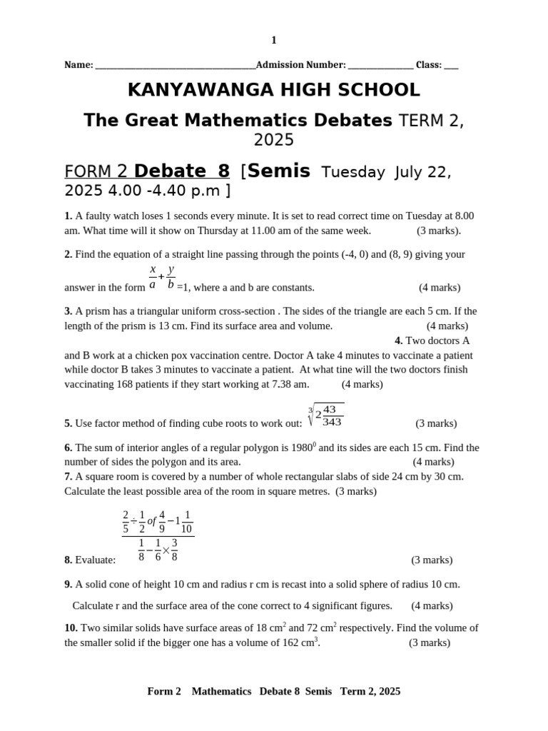 Form 2 Mat. Debate 8 Semis | PDF | Area | Volume