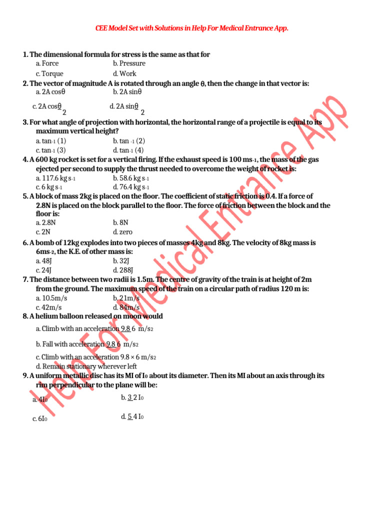 New CEE Model Set With Solutions | PDF | Force | Gases