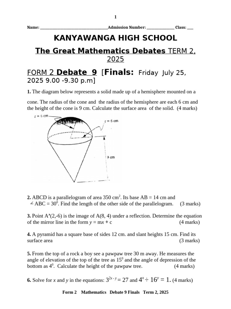 Form 2 Mathematics Debate Questions | PDF