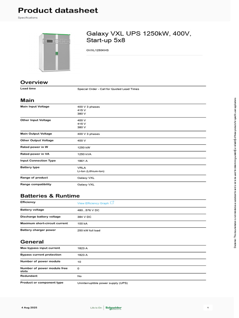 Galaxy VXL UPS 1250kW Overview | PDF | Electrical Components ...