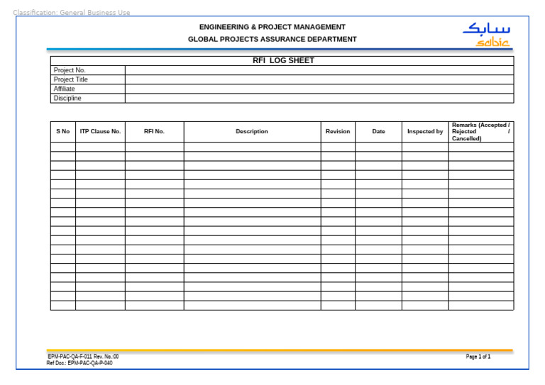 EPM-PAC-QA-F-011 RFI Log Sheet For Site Projects Rev 00 | PDF