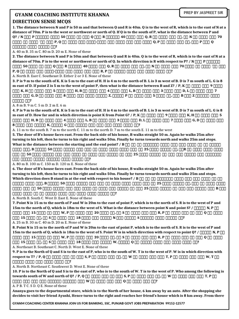 Direction Sense Advance Mcqs | PDF
