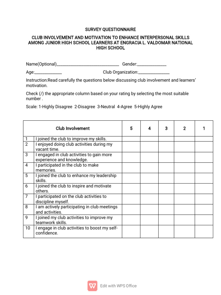 Research Questionnaire - Club Involvement and Motivation To Enhance ...