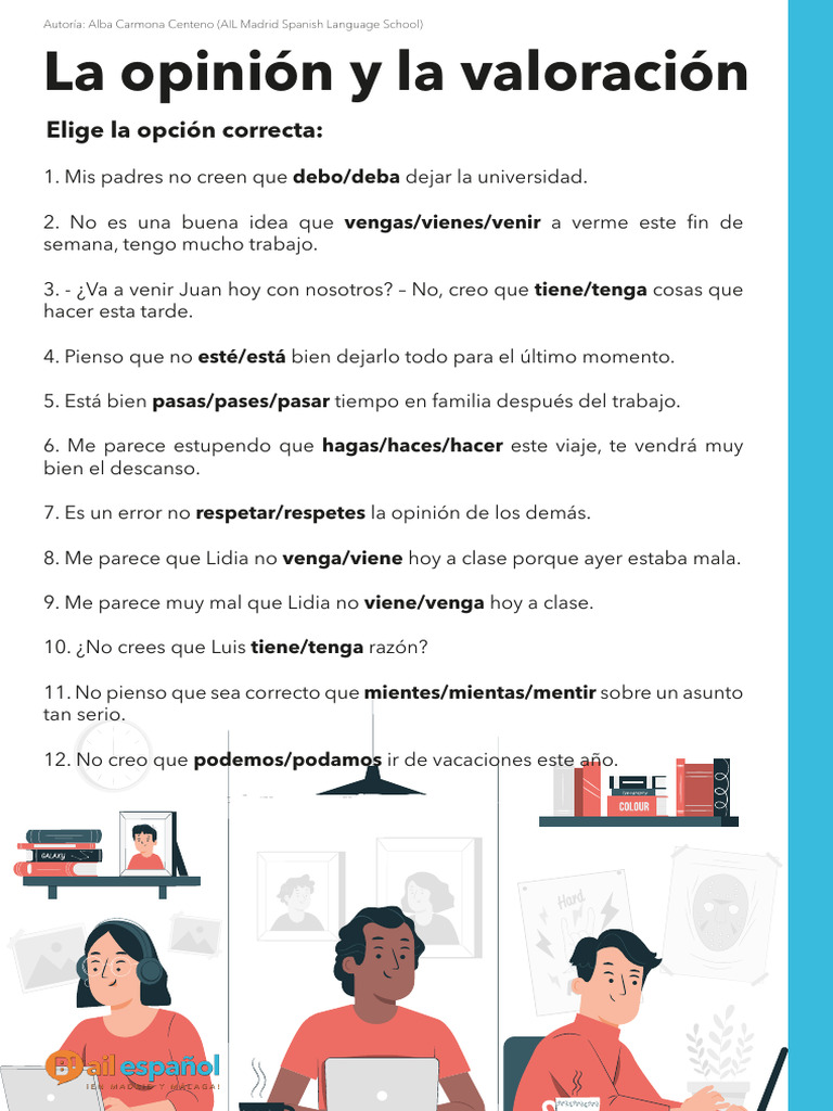 Ejercicio Opinion Valoracion Indicativo Subjuntivo Espanol | PDF