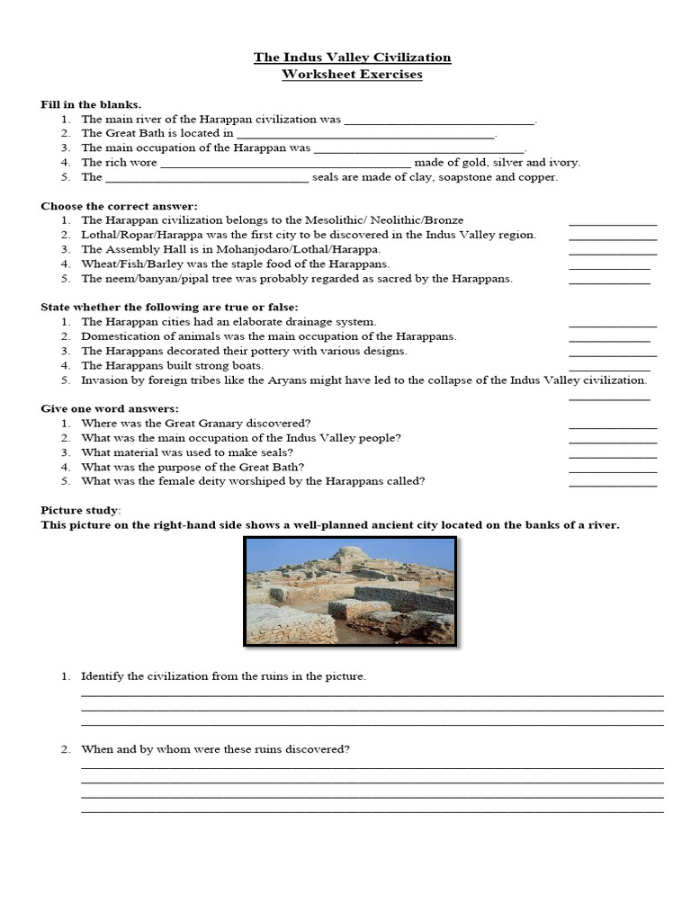 The Indus Valley Civilization - Worksheet | PDF