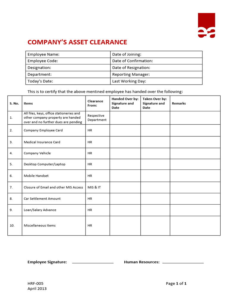 Employee Asset Clearance Form | PDF