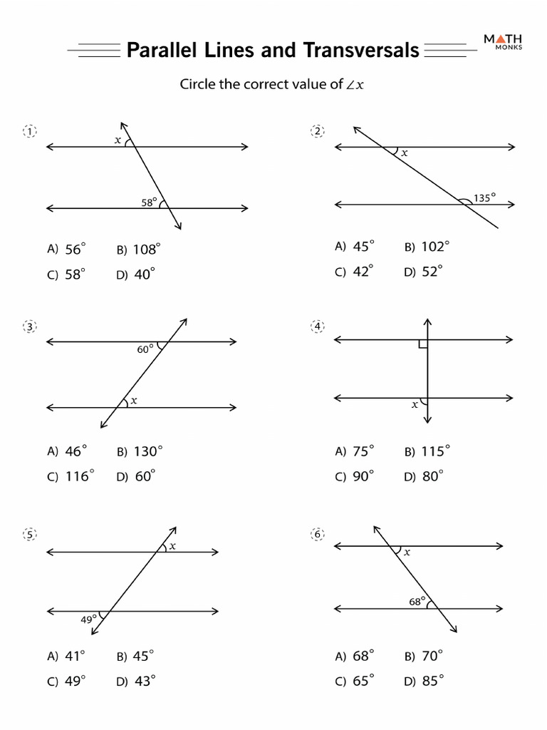 Worksheet on Parallel Lines and Transversals Geometry | PDF