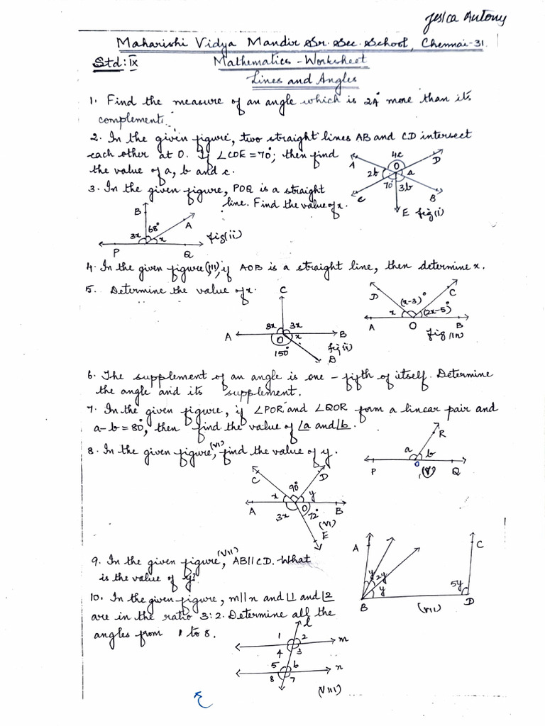 Lines and Angles Worksheet For Grade 9 | PDF
