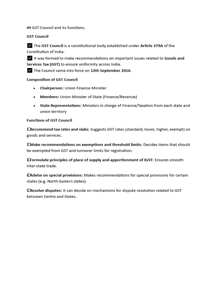 Functions and Composition of GST Council | PDF
