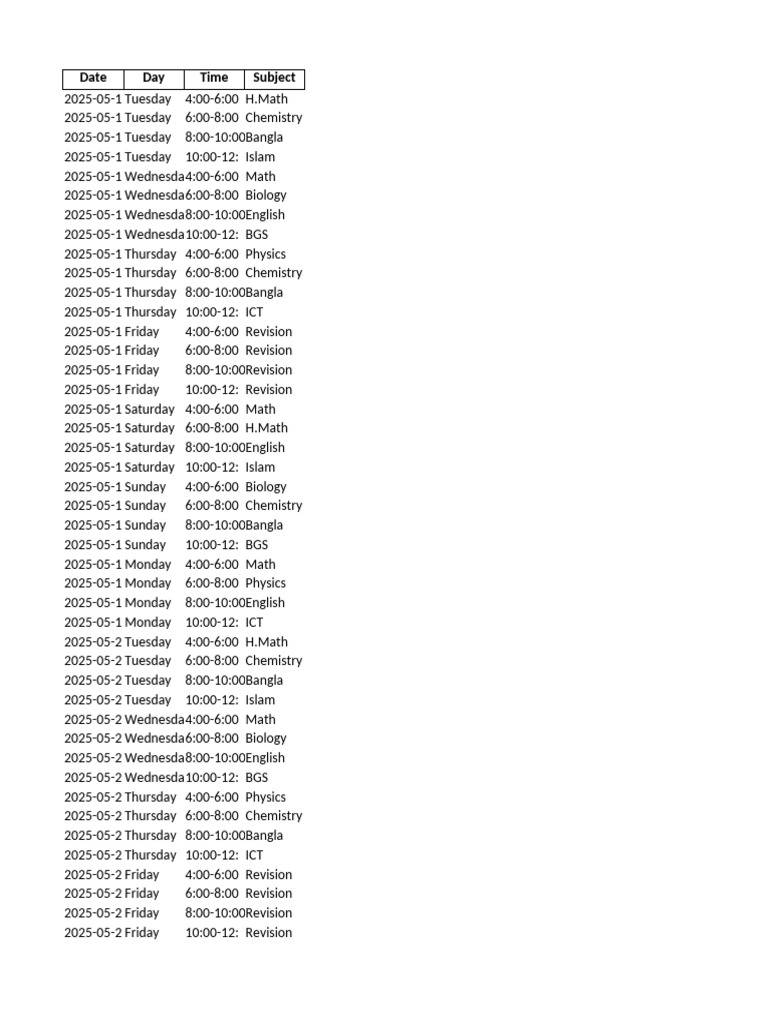 SSC Study Timetable May To July 2025 | PDF