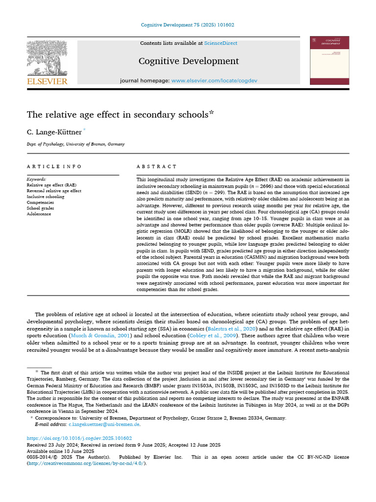 Relative Age Effect in Secondary Schools | PDF | Inclusion (Education ...