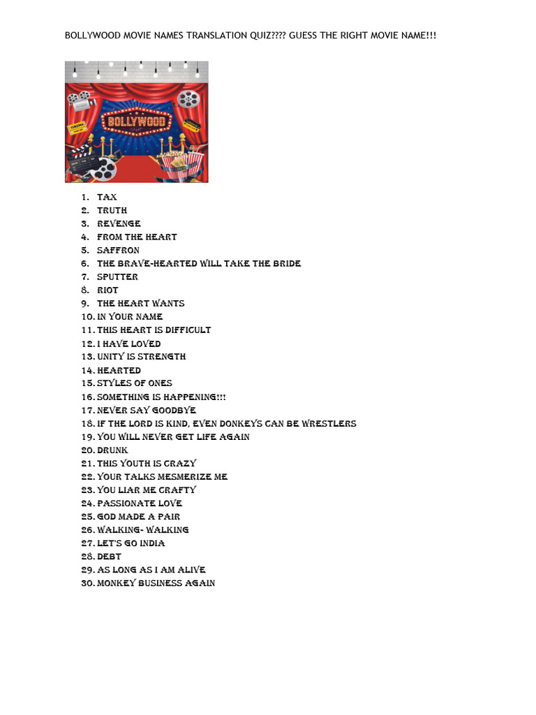 Bollywood Movie Name Translation Quiz | PDF