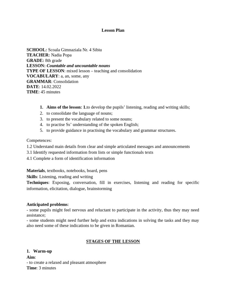 1 Lesson Plan 8th Grade Uncountable Countable | PDF | Human ...