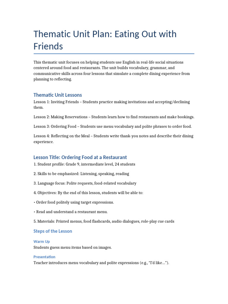 Thematic Unit: Dining Out English Skills | PDF