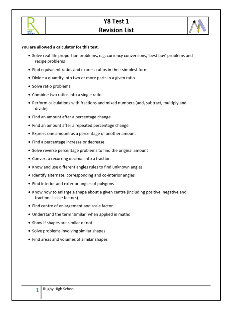 Y8 Maths Revision Guide: Ratios & Angles | PDF