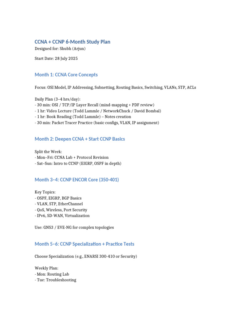 Ccna CCNPP 6 Month Study Plan | PDF