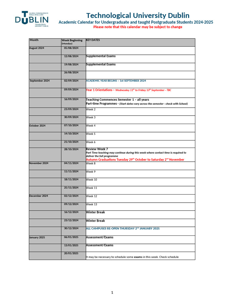 TU Dublin Academic Calendar 2024-2025 | PDF | Academic Term ...