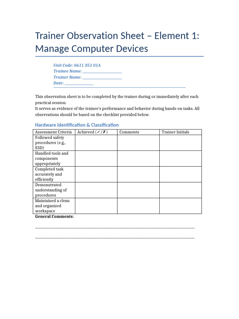 Trainer Observation Sheet Element1 | PDF | Computer Hardware | Computer Science
