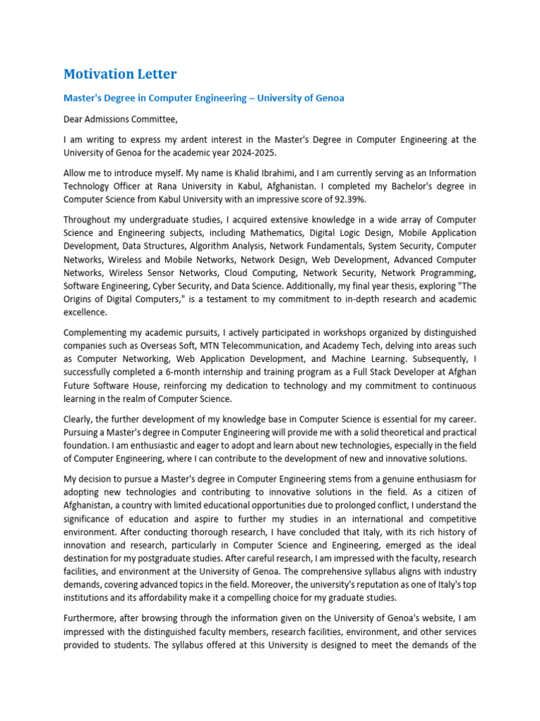 Motivation Letter | PDF | University | Engineering