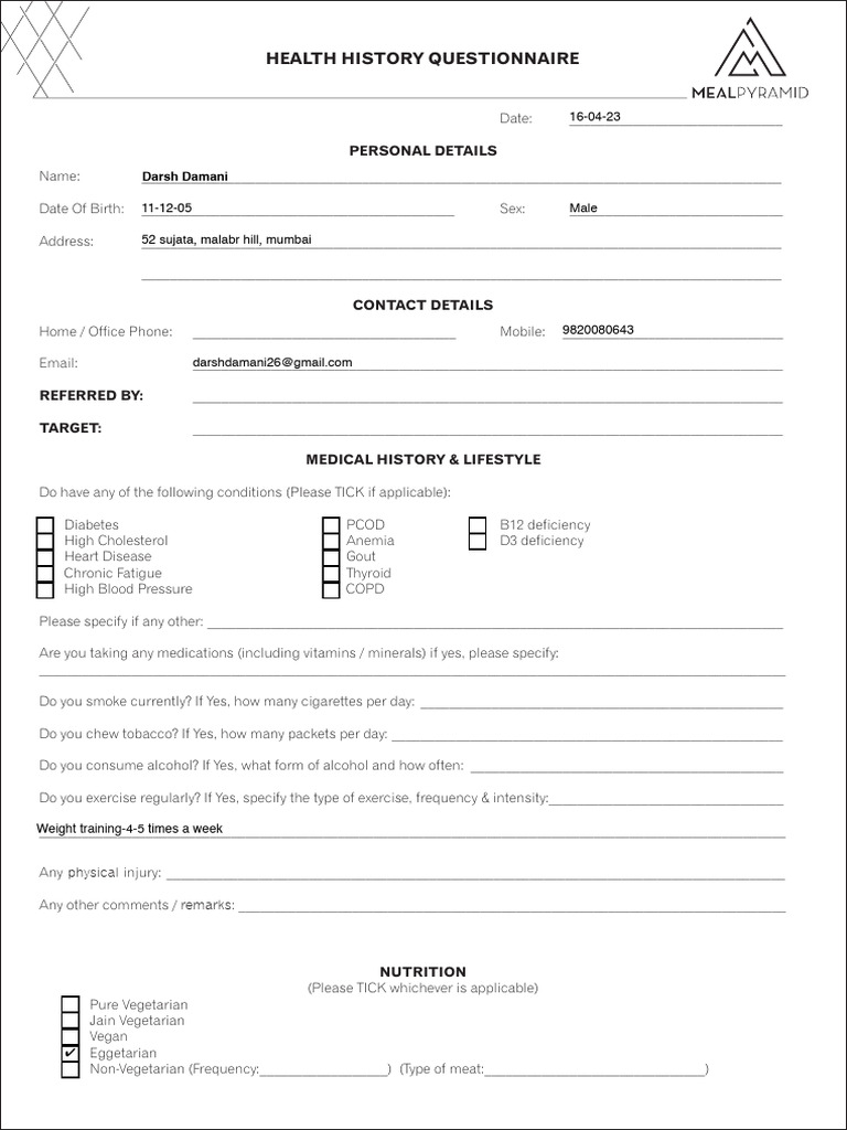 Health History Questionnaire Form | PDF | Vegetarianism | Weight Loss