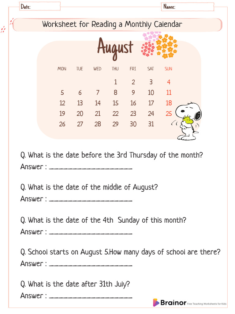 Reading A Calendar Worksheet 3 | PDF